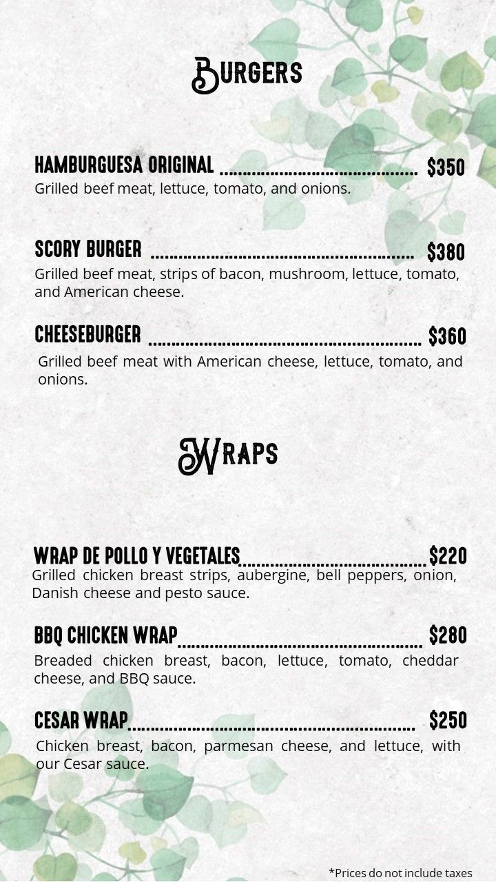 English Menu - Scory Café